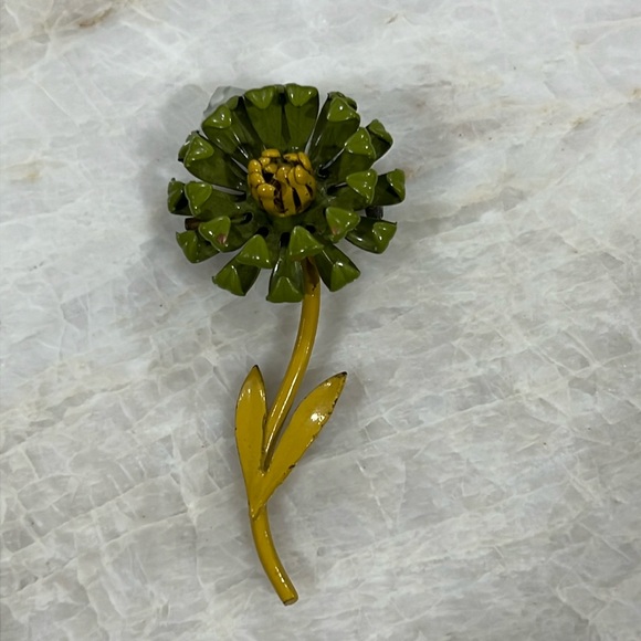 Jewelry | Vintage Green Yellow Metal Flower Brooch | Poshmark